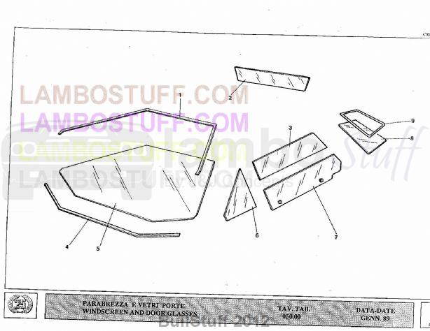 1989 Lamborghini Countach 25th USA Windshield and Door Glass (050.00)